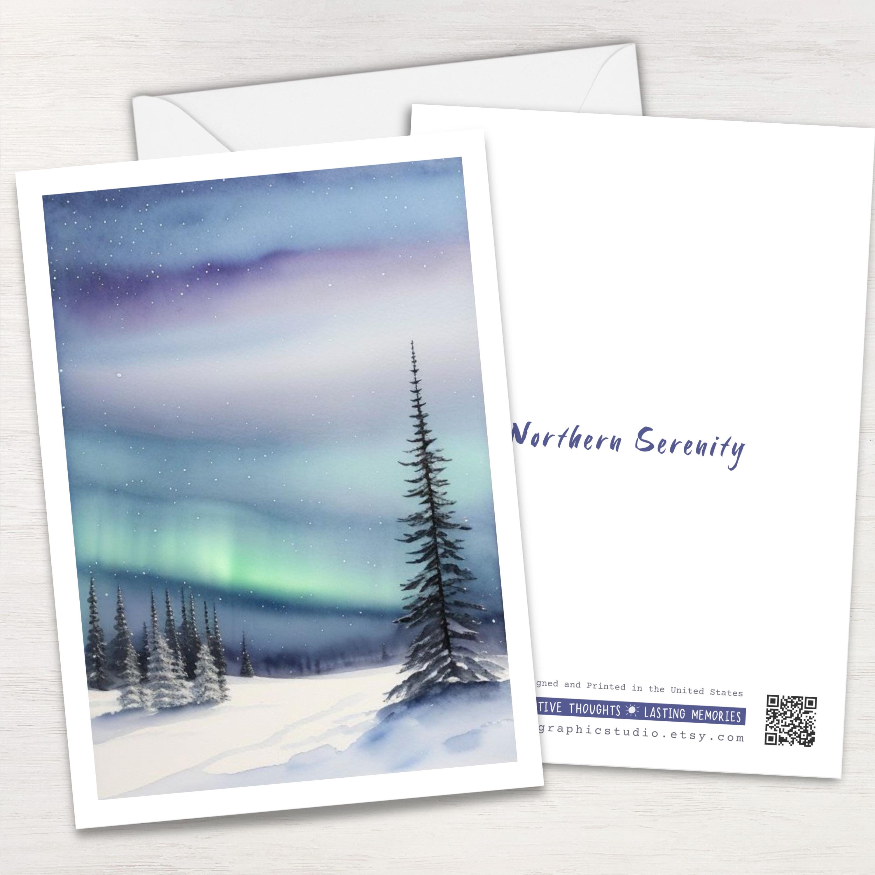 Northern Lights Card, Watercolor Aurora Borealis Greeting for Winter ...