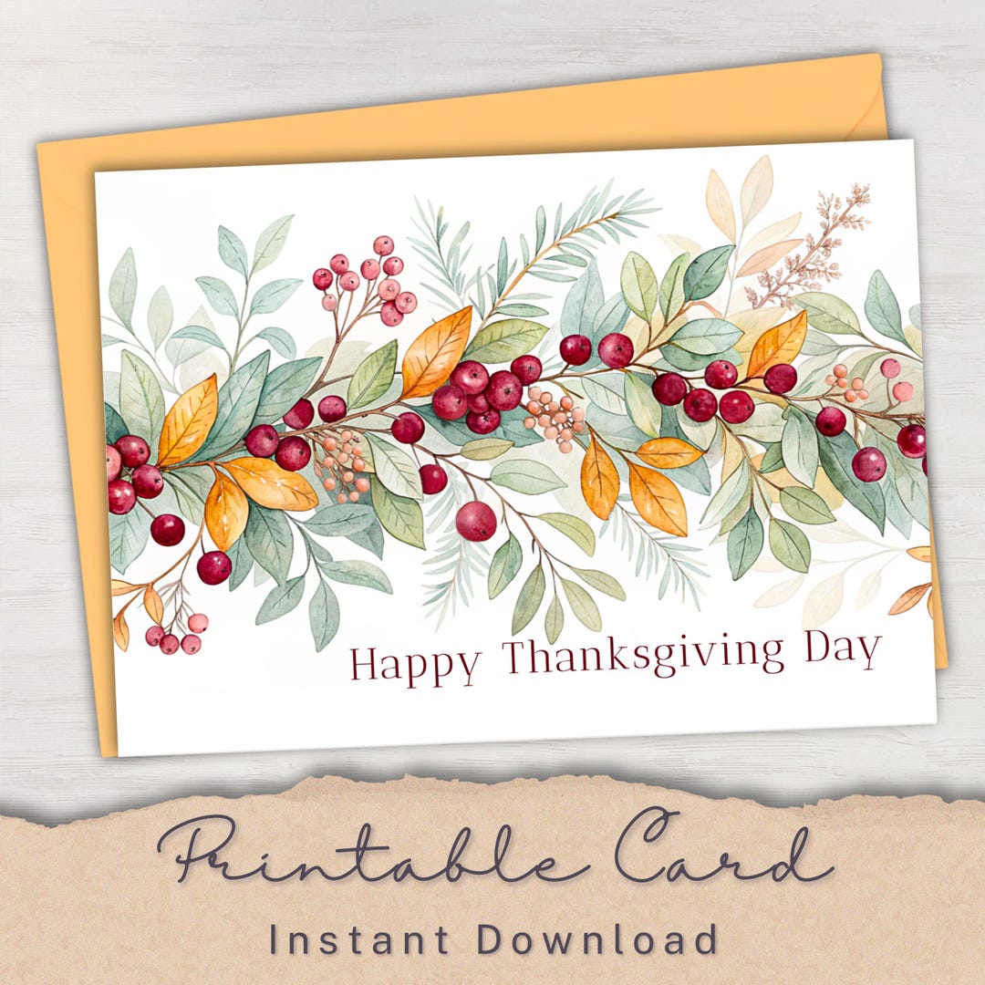 Autumn Leaves & Berries Thanksgiving Card – Printable Fall Holiday Card ...