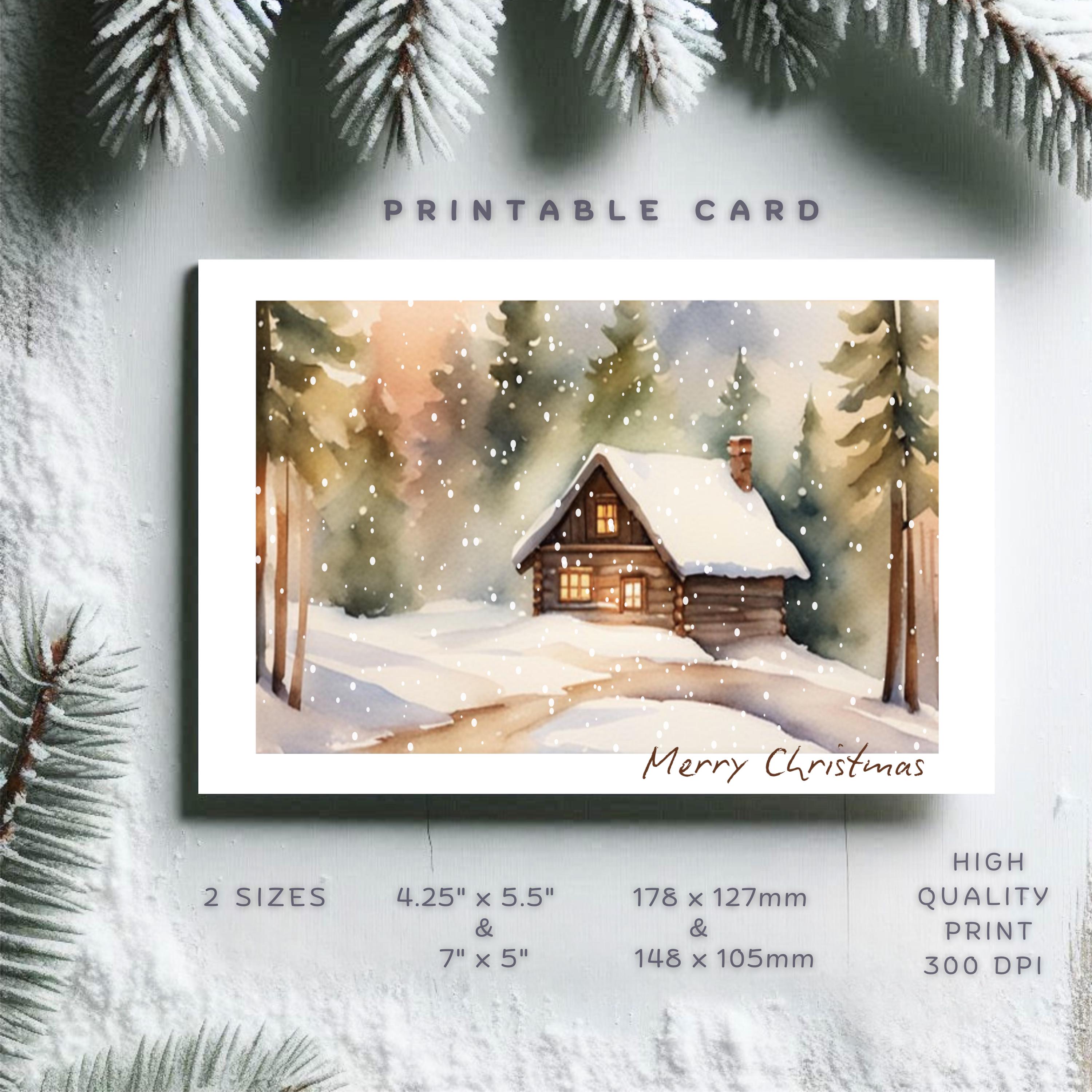 Christmas Card, Cozy Log Cabin Notecard, Rustic Winter Watercolor ...