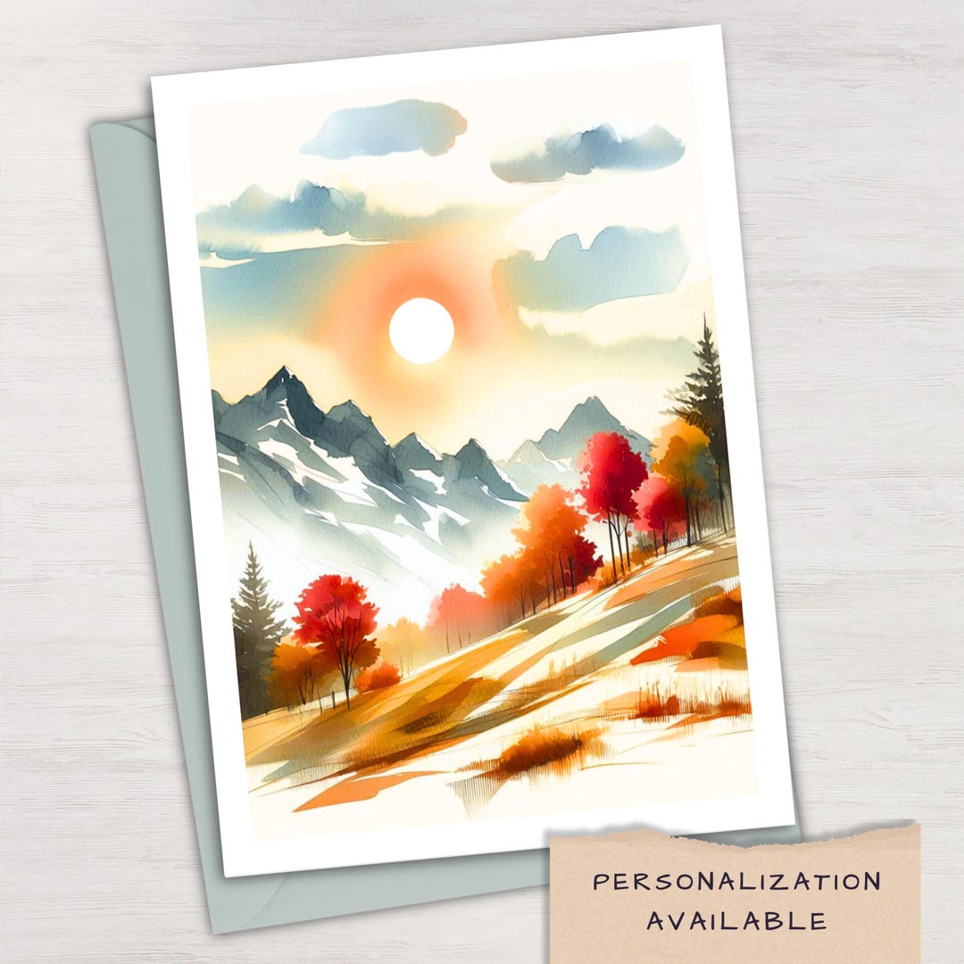 Watercolor Autumn Mountain Sunrise Card: Personalized Fall Stationery ...