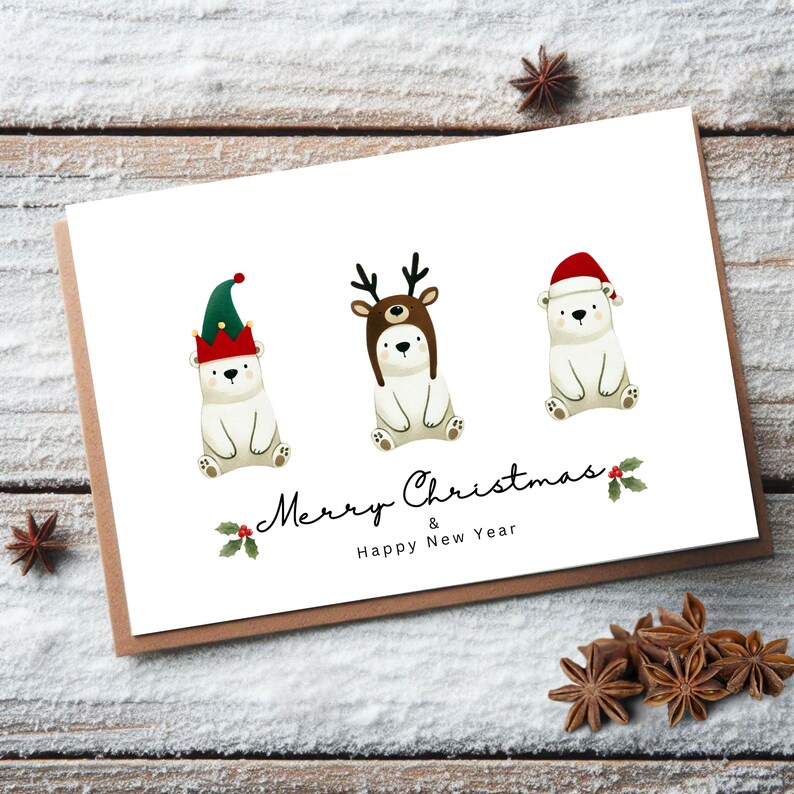 Polar Bear Christmas Card, Funny, Cute Notecard, Reindeer Antlers, Elf ...