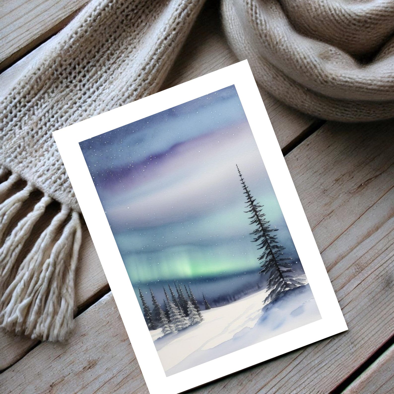 Northern Lights Card, Aurora Borealis Watercolor Notecard, Winter ...