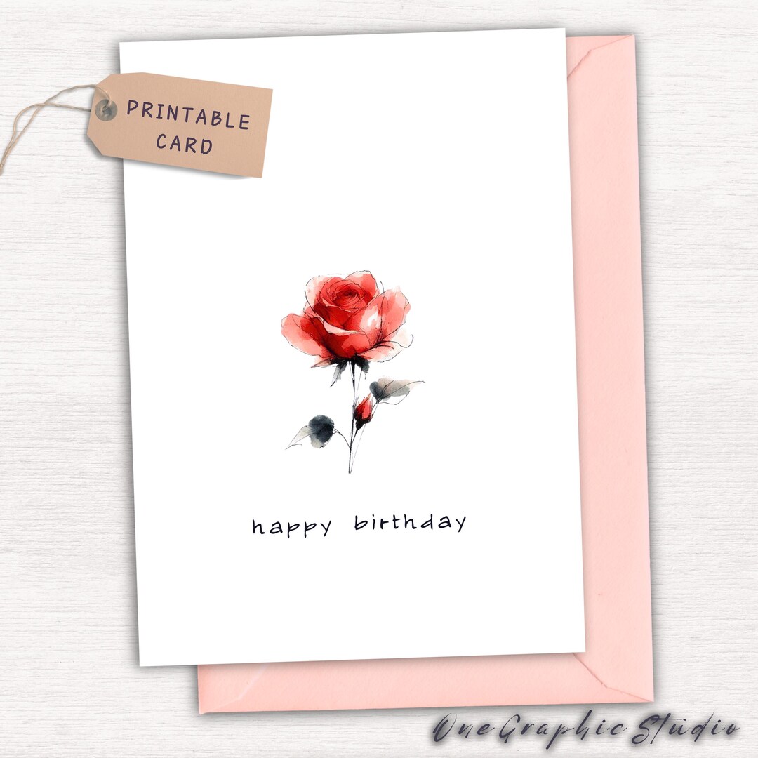 Red Rose Birthday Card - Birthday Red Rose Flower - Watercolor Red Rose ...