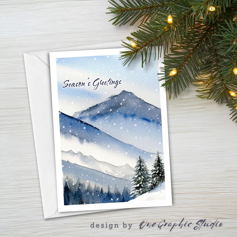 Snowy Mountains Card – Watercolor Winter Snow Greetings for Christmas ...
