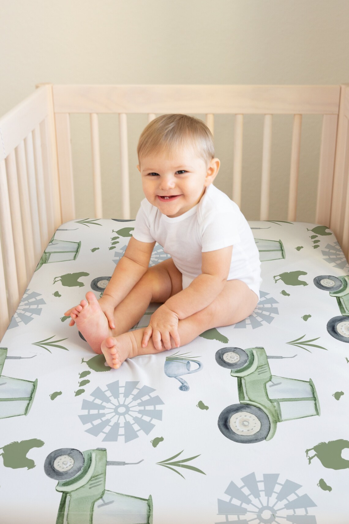 Green Tractor Boy Fitted Crib Sheet, Farm Nursery Bedding With Chickens ...