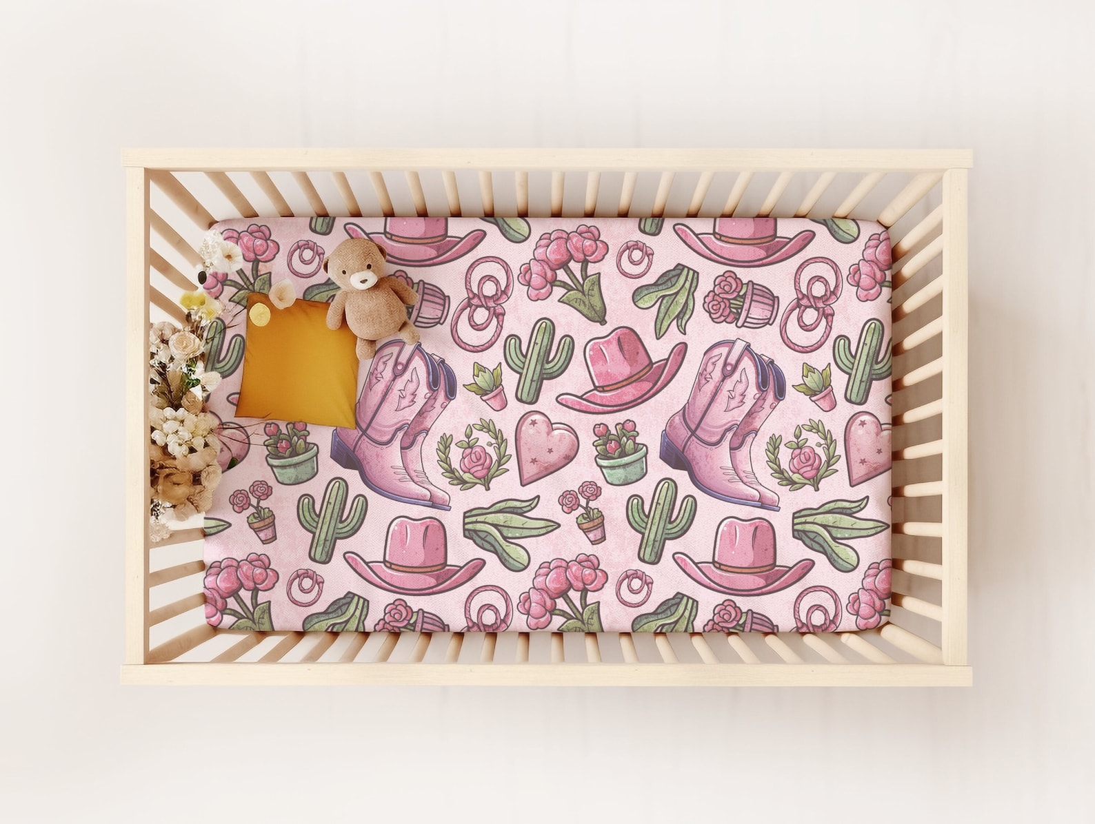 Pink Western Fitted Crib Sheet, Cactus Baby Bedding, Pink Cowgirl ...