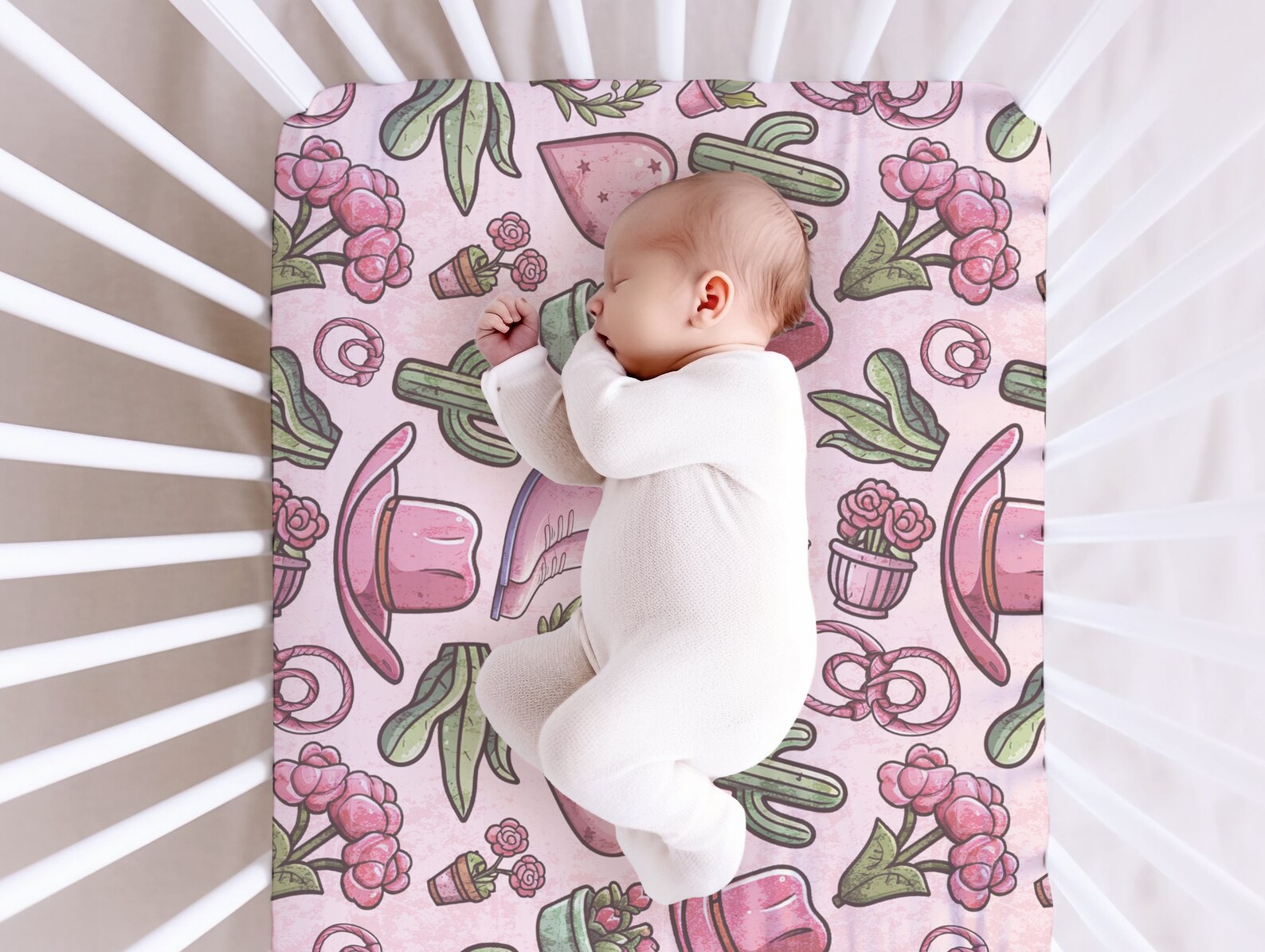 Pink Western Fitted Crib Sheet, Cactus Baby Bedding, Pink Cowgirl ...