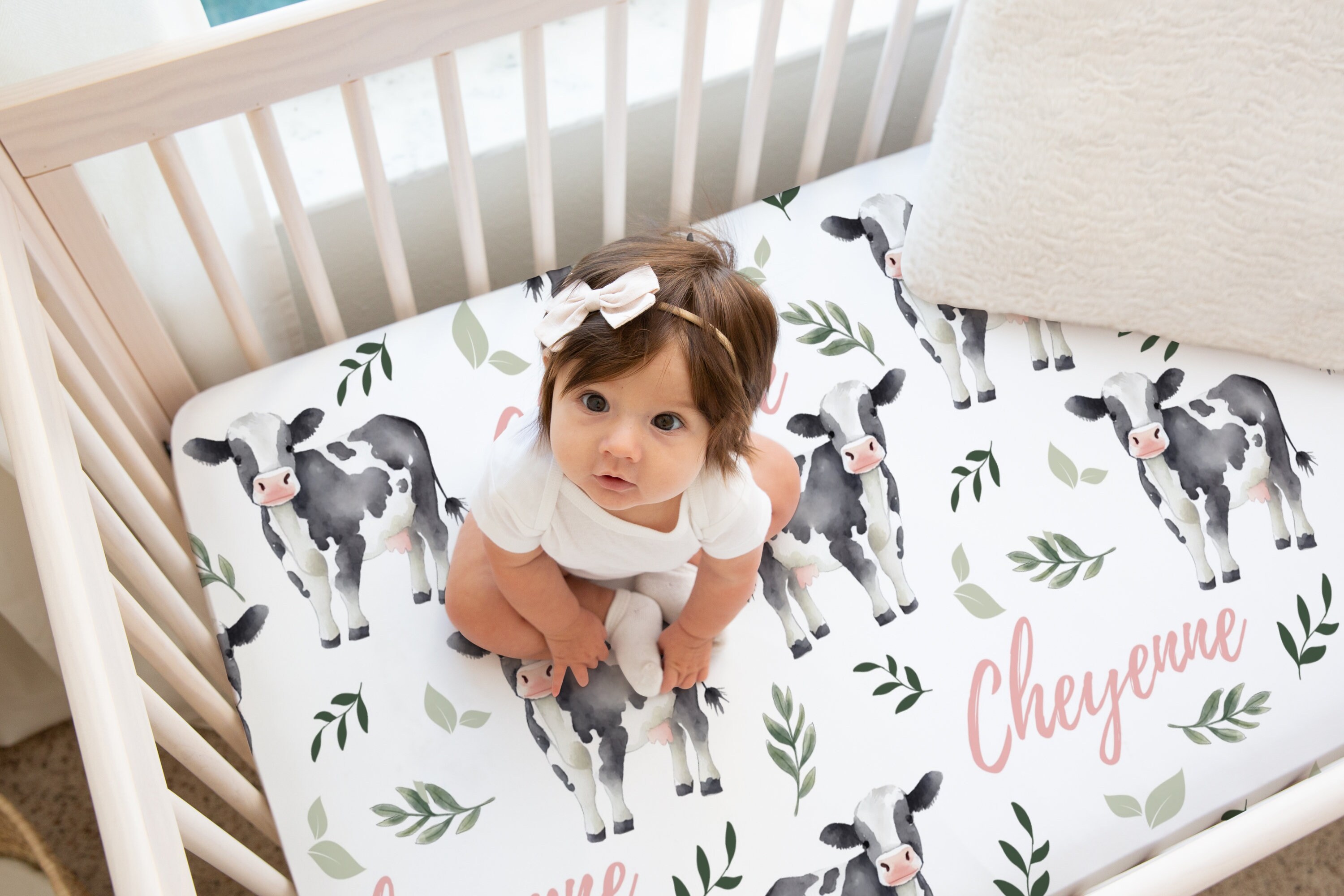 Personalized Baby Girl Cow Crib Sheet, Farm Nursery Bedding, Crib ...