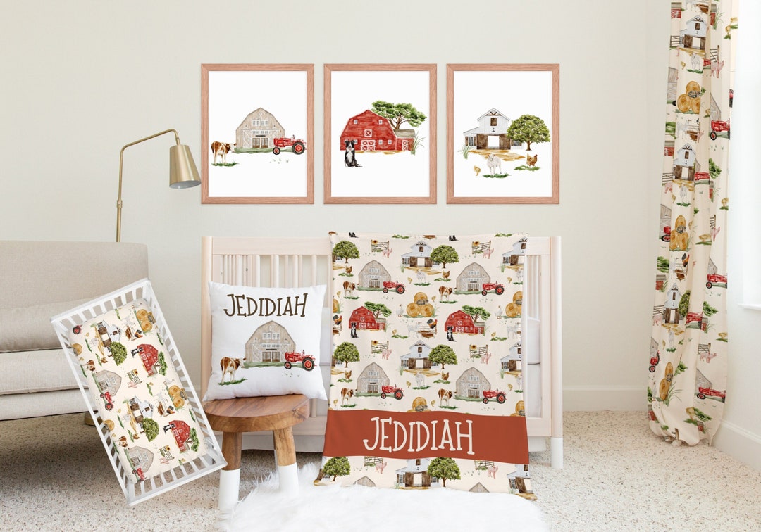 Farm Nursery Bedding, Red Tractor Crib Sheet, Kids Name Barn Blanket ...