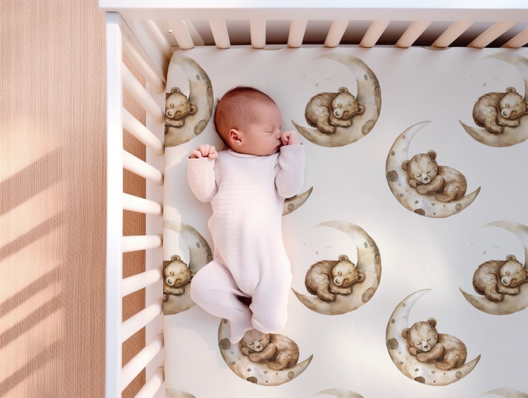 Cute Sleeping Bear Fitted Crib Sheet, Baby Bear Gender Neutral Crib ...