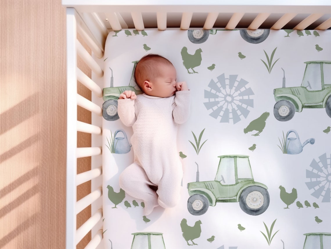 Green Tractor Boy Fitted Crib Sheet, Farm Nursery Bedding With Chickens ...