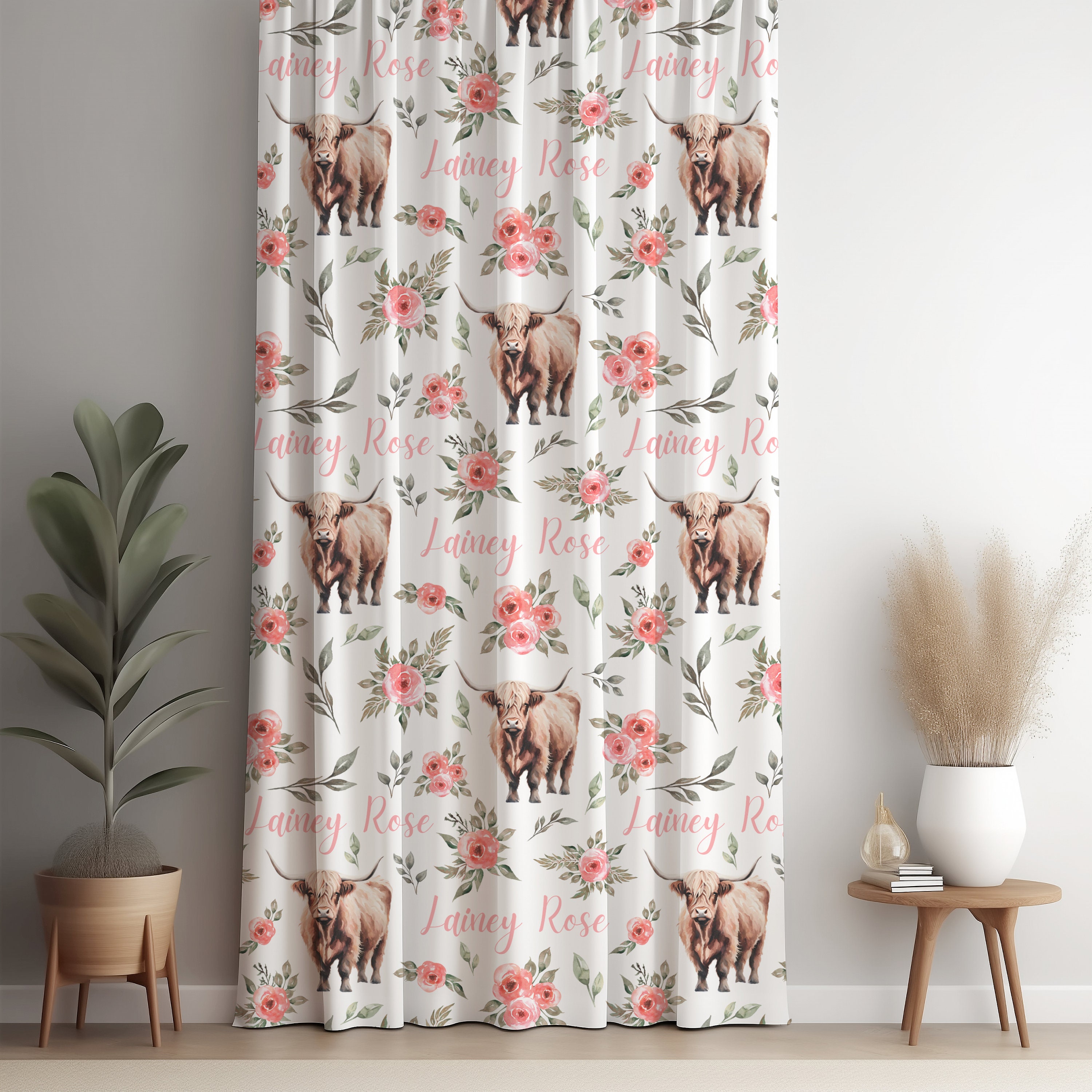 Highland Cow Nursery Curtains, Personalized Kids Name Curtains, Black ...