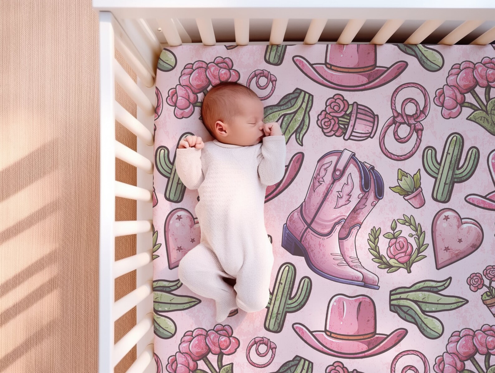 Pink Western Fitted Crib Sheet, Cactus Baby Bedding, Pink Cowgirl ...