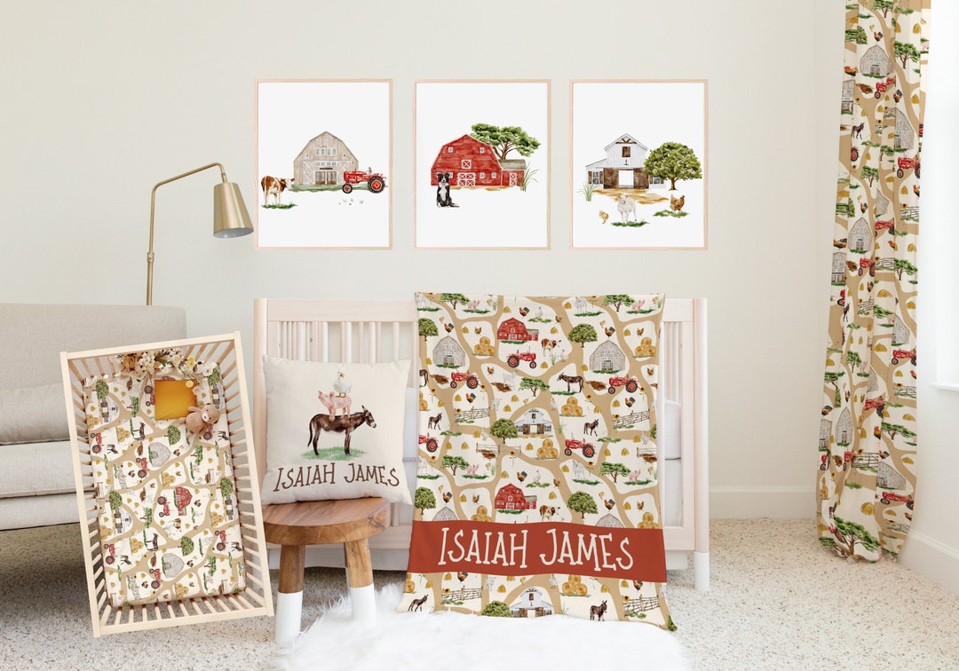 Farm Nursery Bedding, Red Tractor Crib Sheet, Kids Name Barn Blanket ...