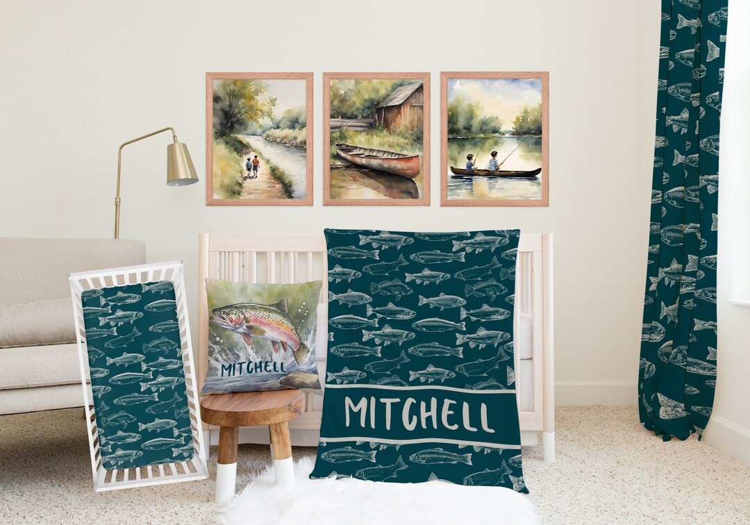 Fishing Nursery Bedding Sets, Lake Trout Crib Sheet, Kids Name ...