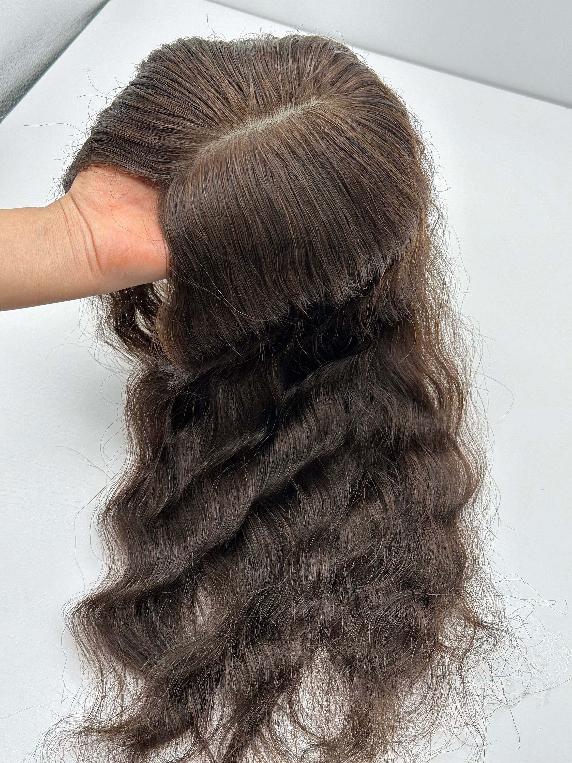 14x15cm Luxurious Hand Made Filk Based Natural Curly Dark Brown Human ...