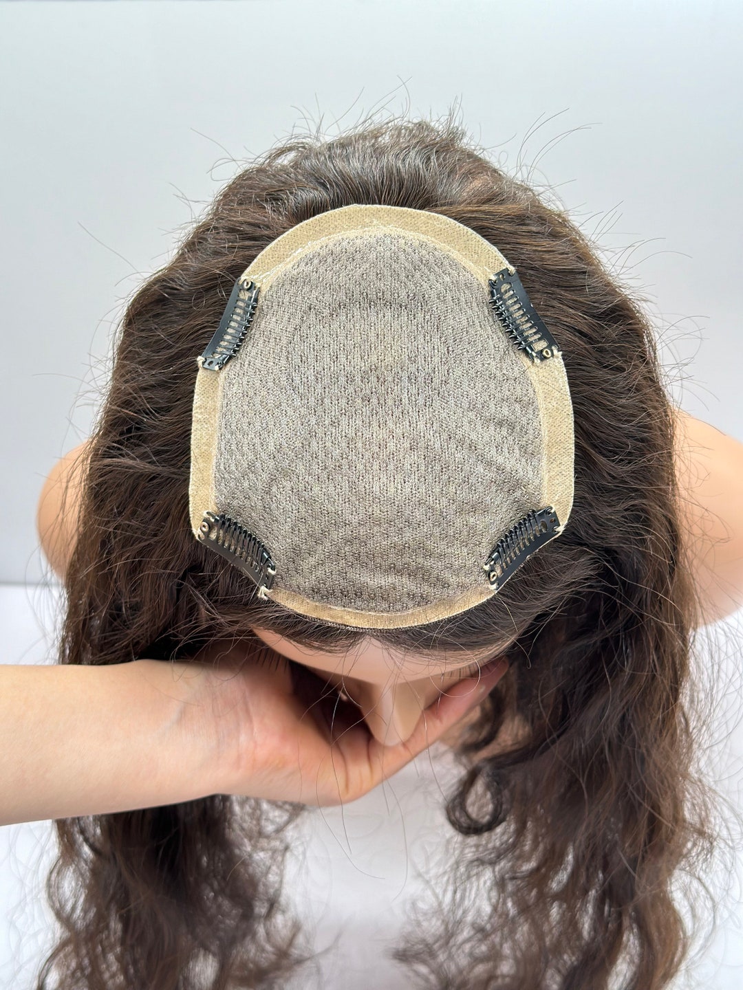 14x15cm Luxurious Hand Made Filk Based Natural Curly Dark Brown Human ...