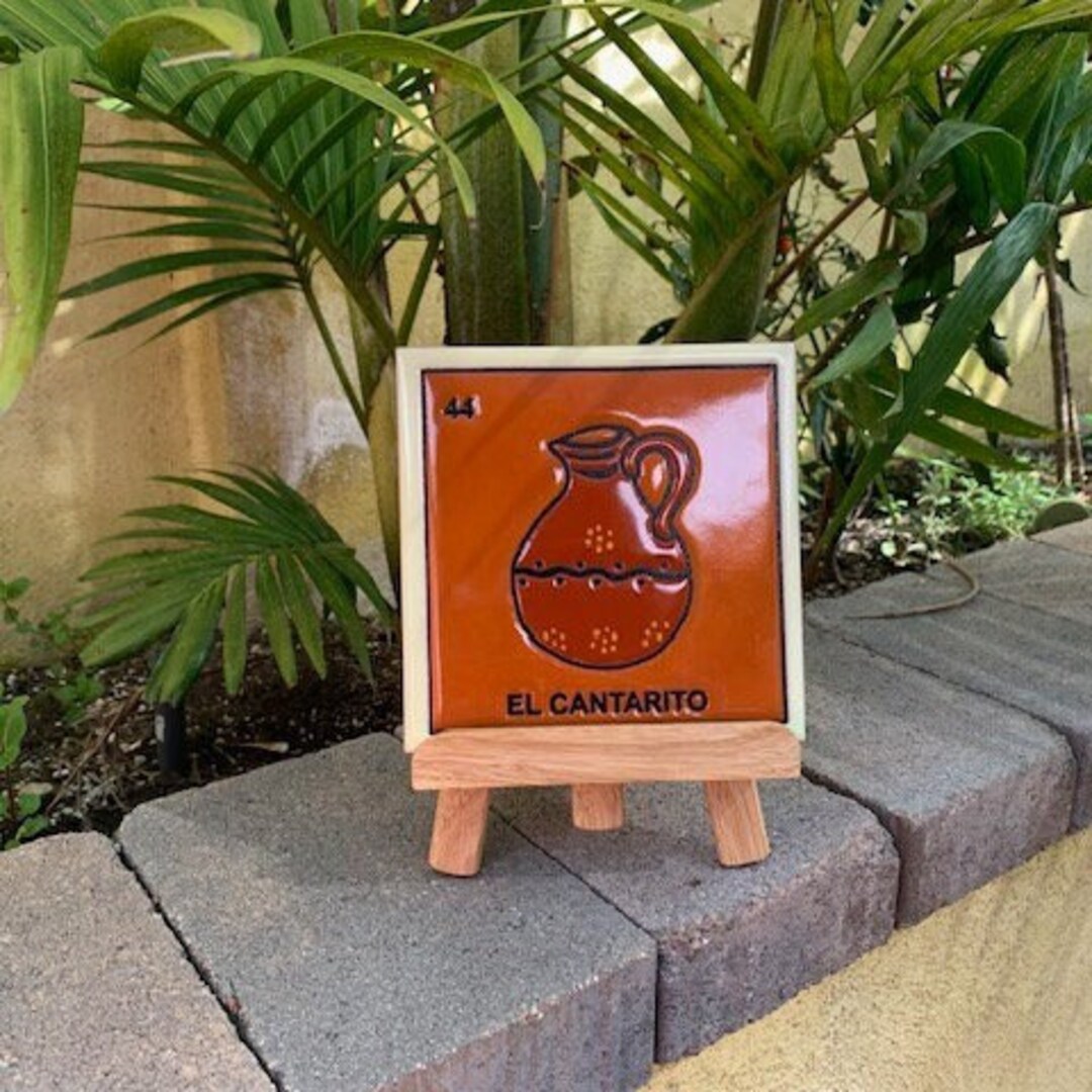 Mexican Pottery, Mexican Clay Tile & Wood Stand, Mexican Loteria Art ...