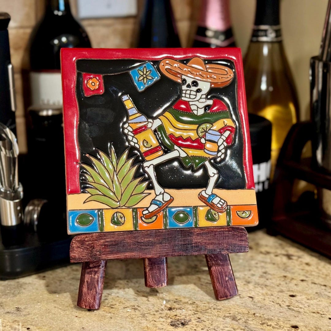 Vibrant Day of the Dead Art Tiles, Skeleton Tiles on Stained Wooden ...