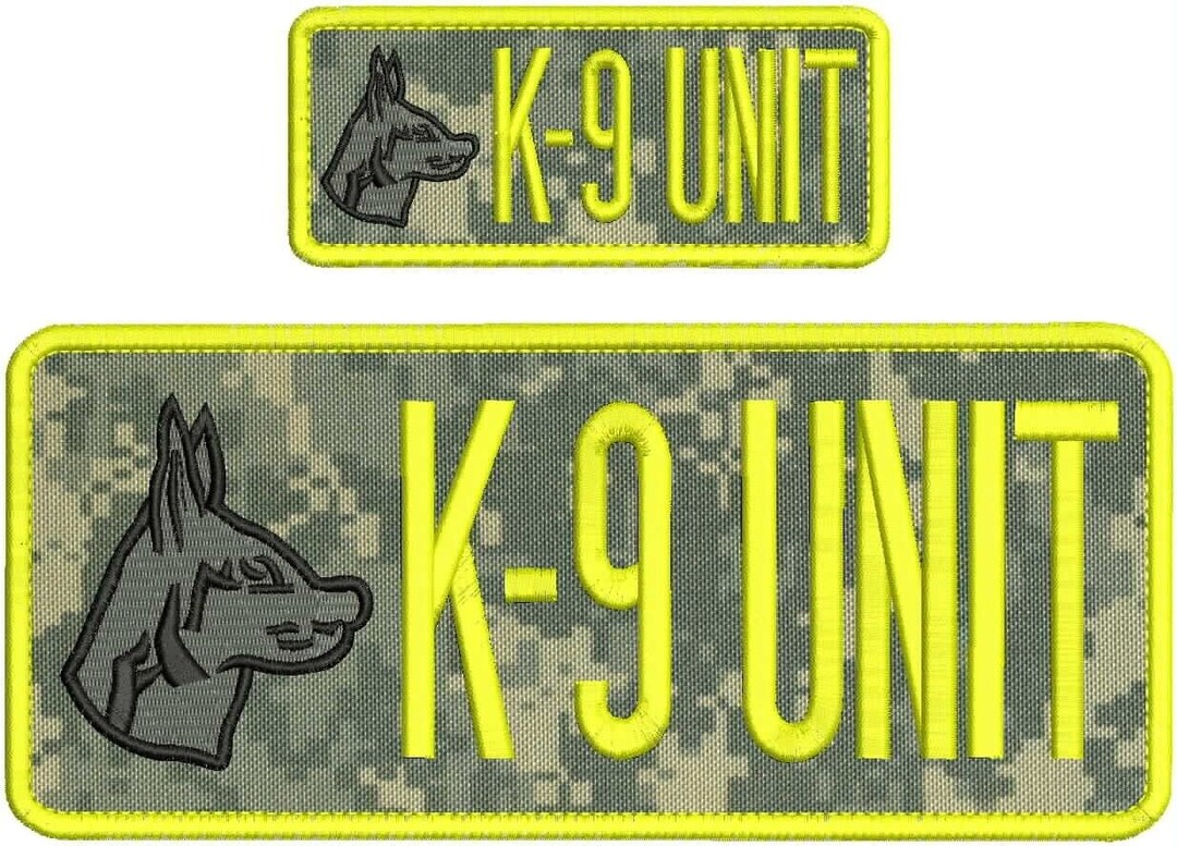 K-9unit Embroidery Patch 4X10 and 2X5 Hook on Back Yellow on Acu Camo ...