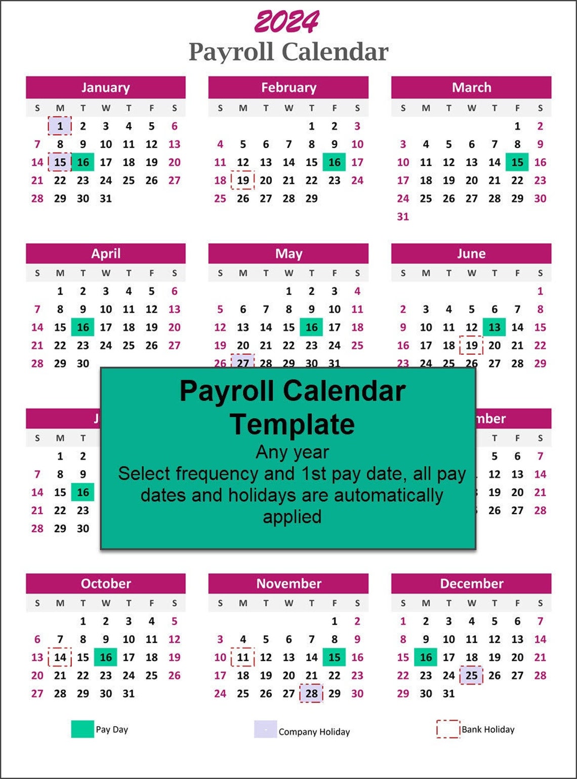 Payroll Calendar Template-excel Download-printable - Etsy