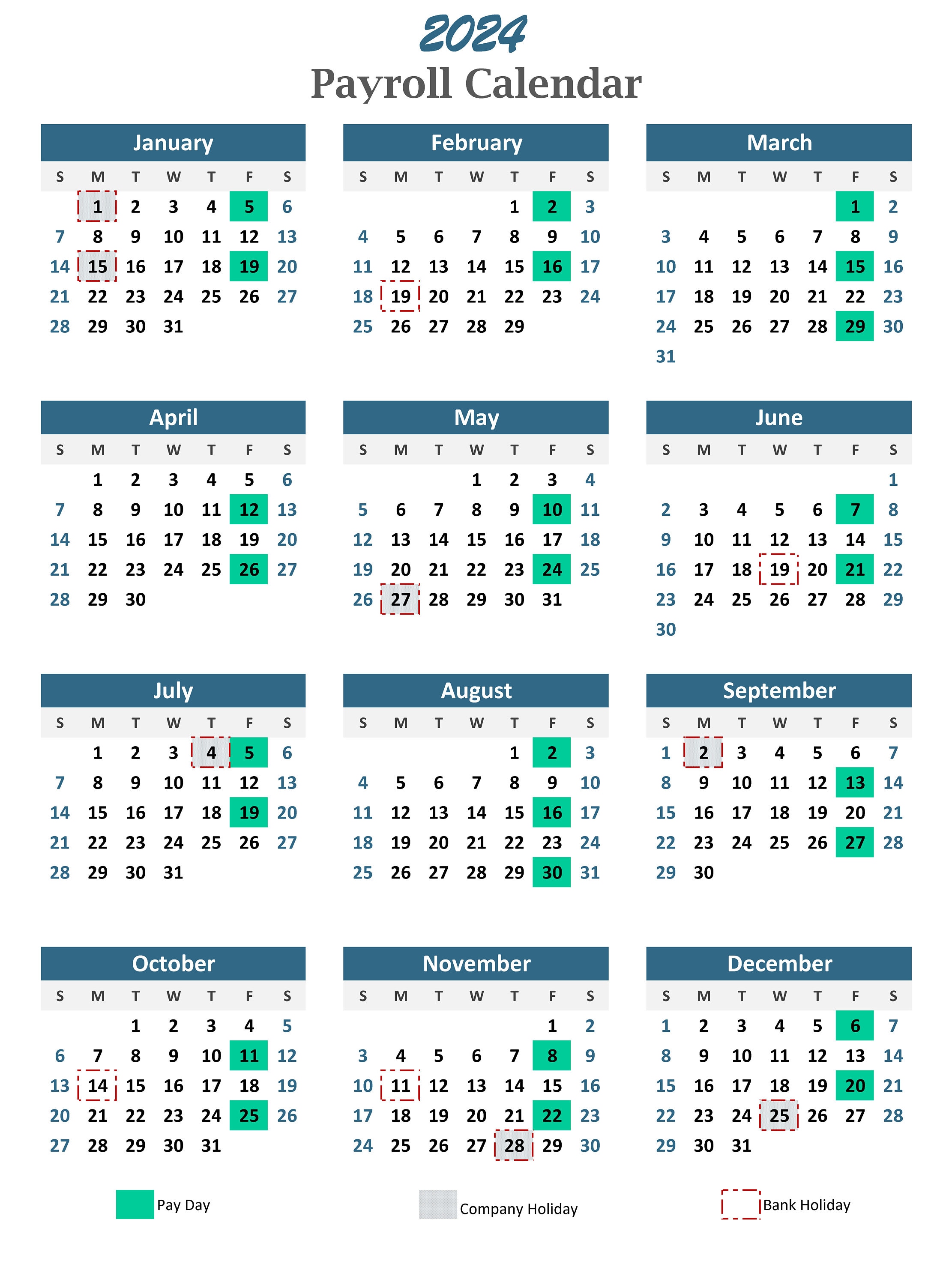 Payroll Calendar Template-excel Download-printable - Etsy