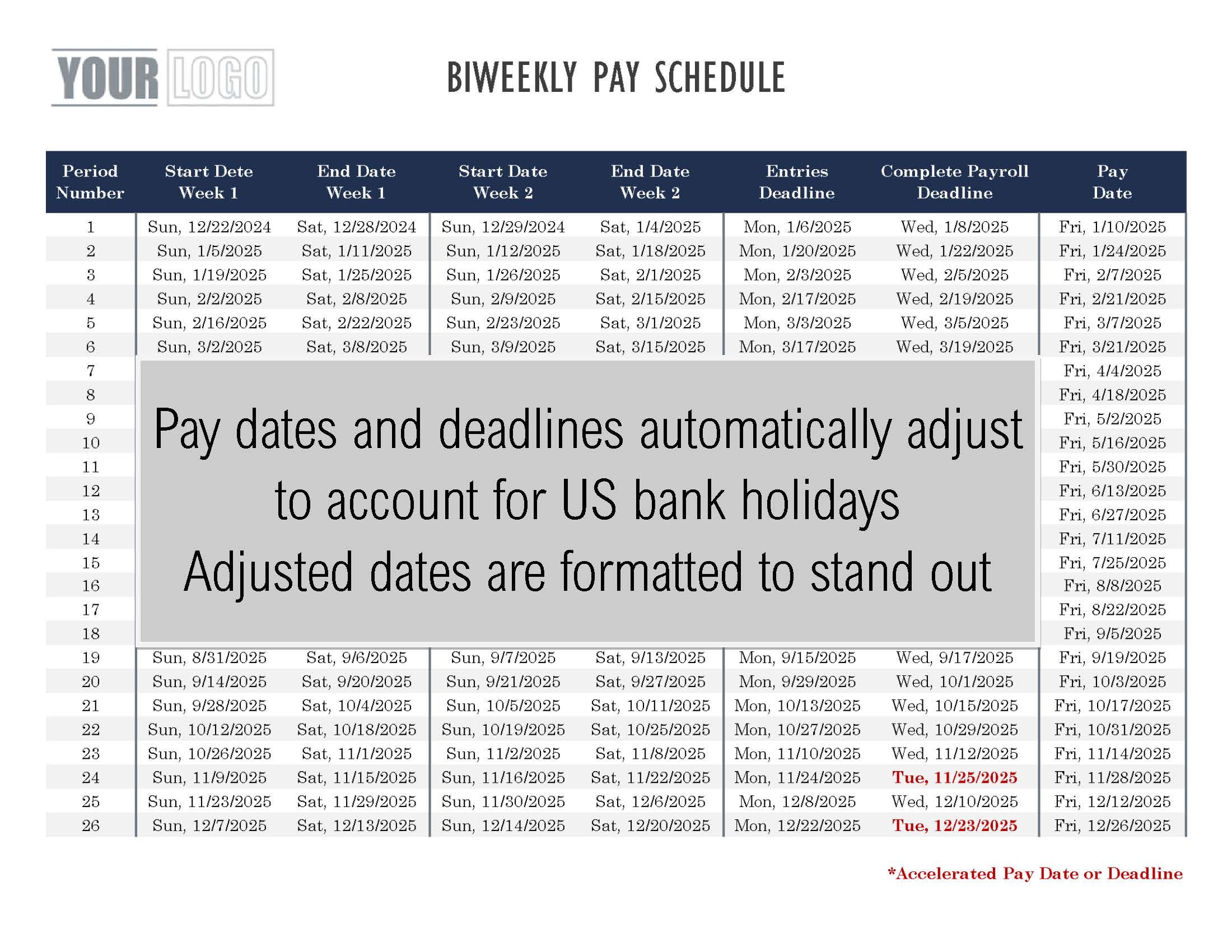2025 Bi weekly Payroll Calendar Schedule Template excel Download 2025 Bi weekly Payroll Calendar Schedule Template excel Download