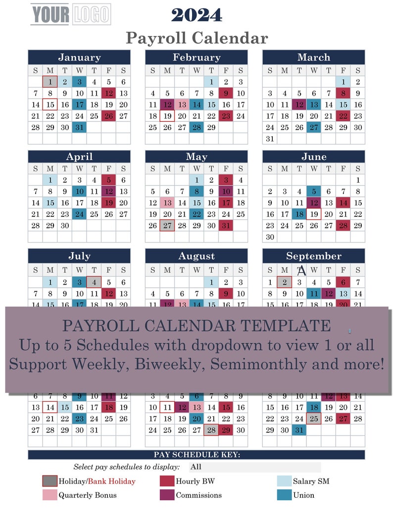 Payroll Calendar Template: Any Year, 5 Schedules, Color Coded (excel ...