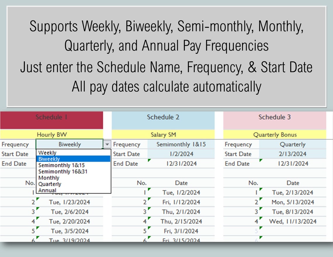 Payroll Calendar Template: Any Year, 5 Schedules, Color Coded (excel ...