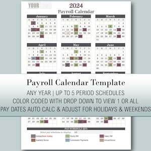 Payroll Calendar Template | up to 5 Pay Schedules | Color Coded Drop ...
