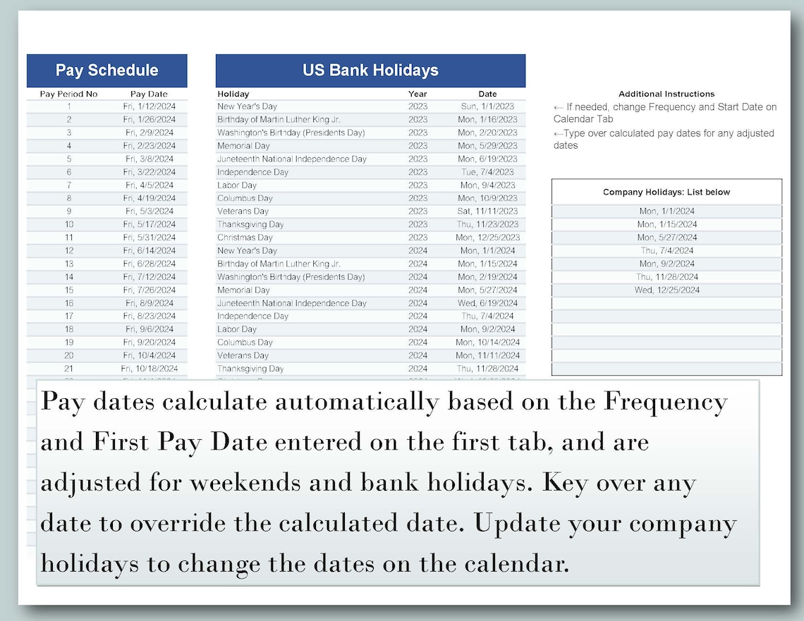 Annual Payroll Calendar Template-excel Download-printable - Etsy