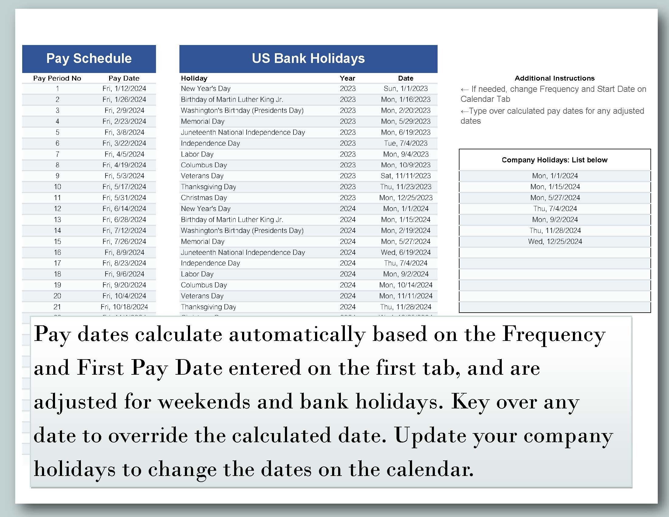 Annual Payroll Calendar Template-excel Download-printable - Etsy