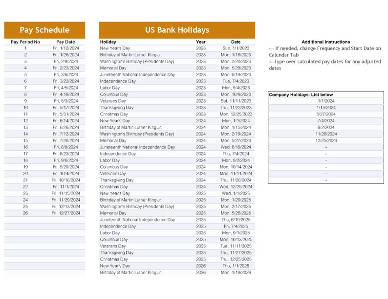 Payroll Calendar Template-excel Download-printable - Etsy