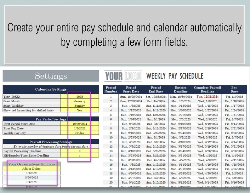 2025 Weekly Payroll Calendar & Schedule Template-excel Download/printable - Etsy