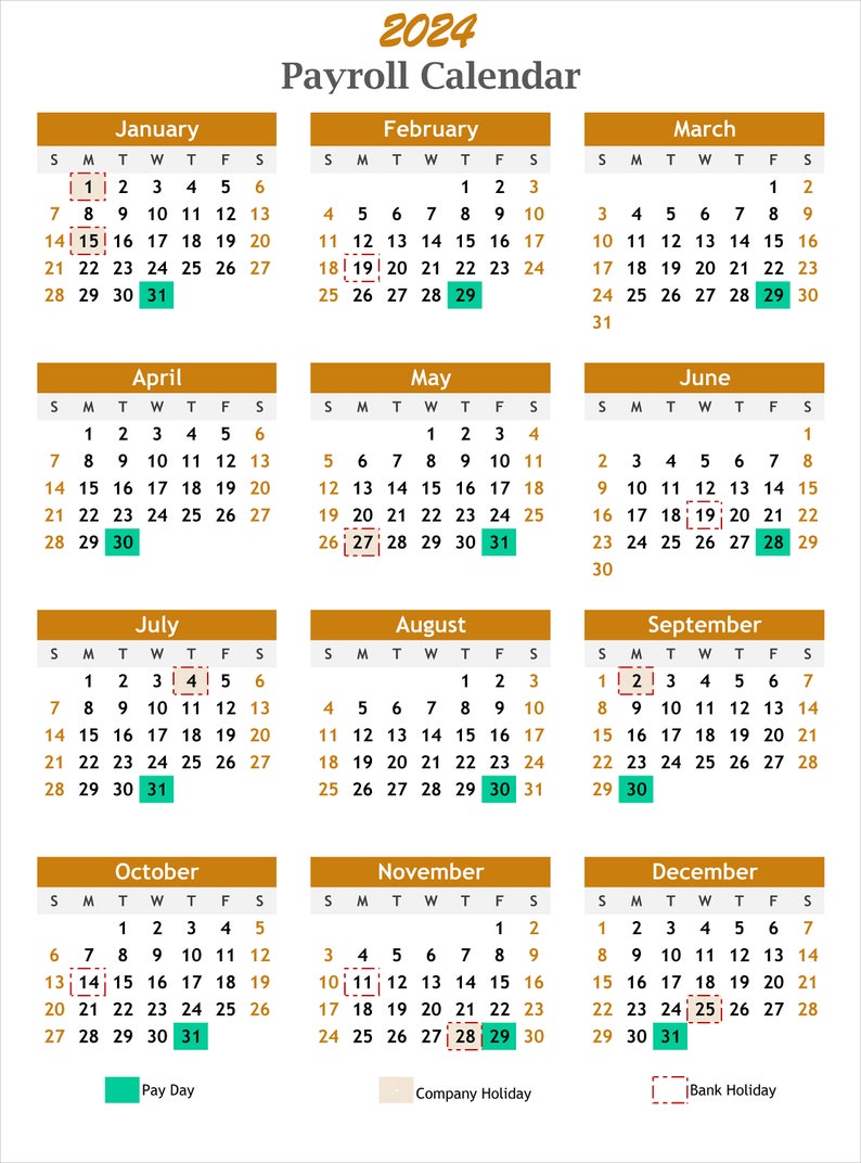 Payroll Calendar Template-excel Download-printable - Etsy