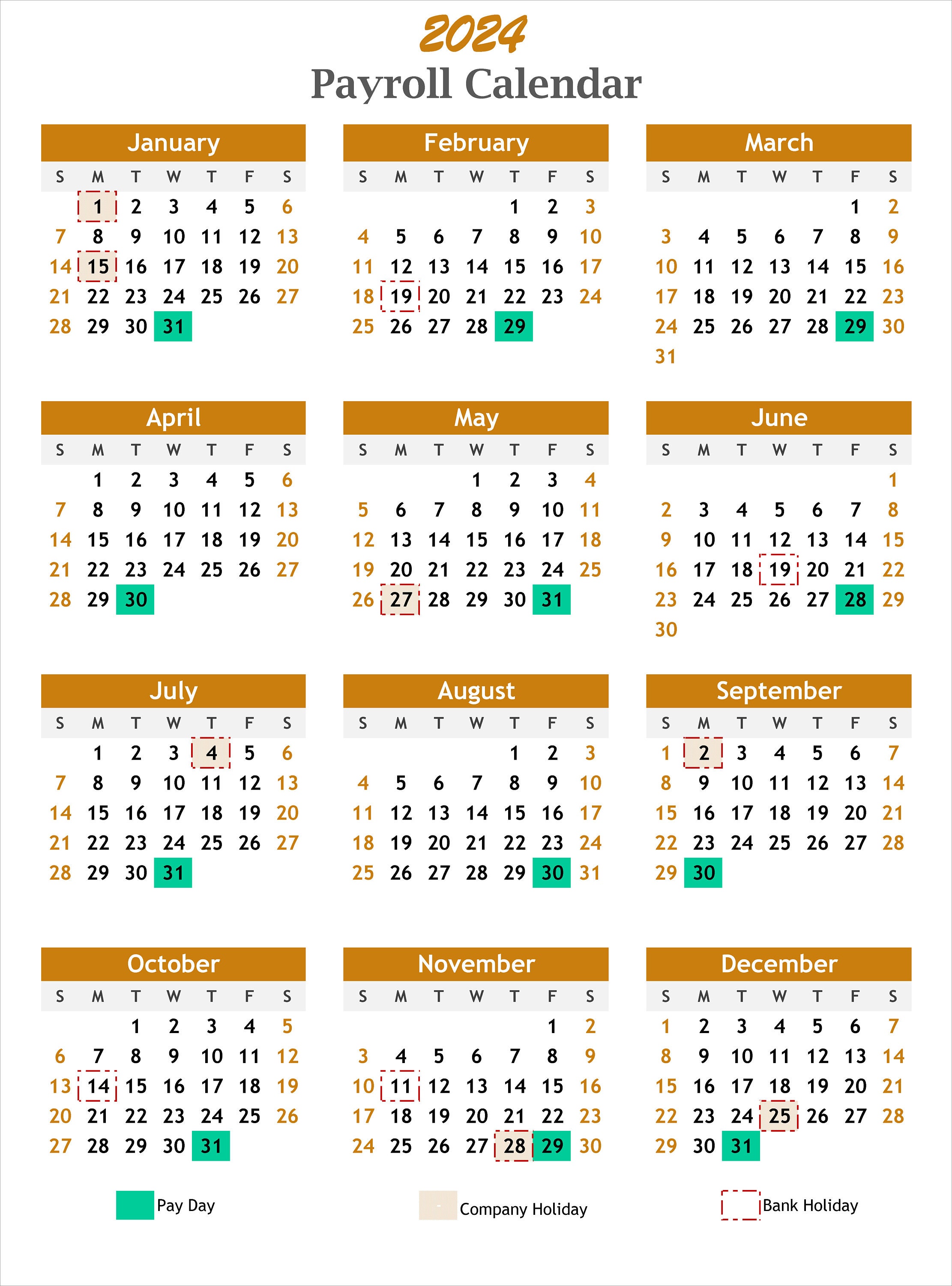 Payroll Calendar Template-excel Download-printable - Etsy
