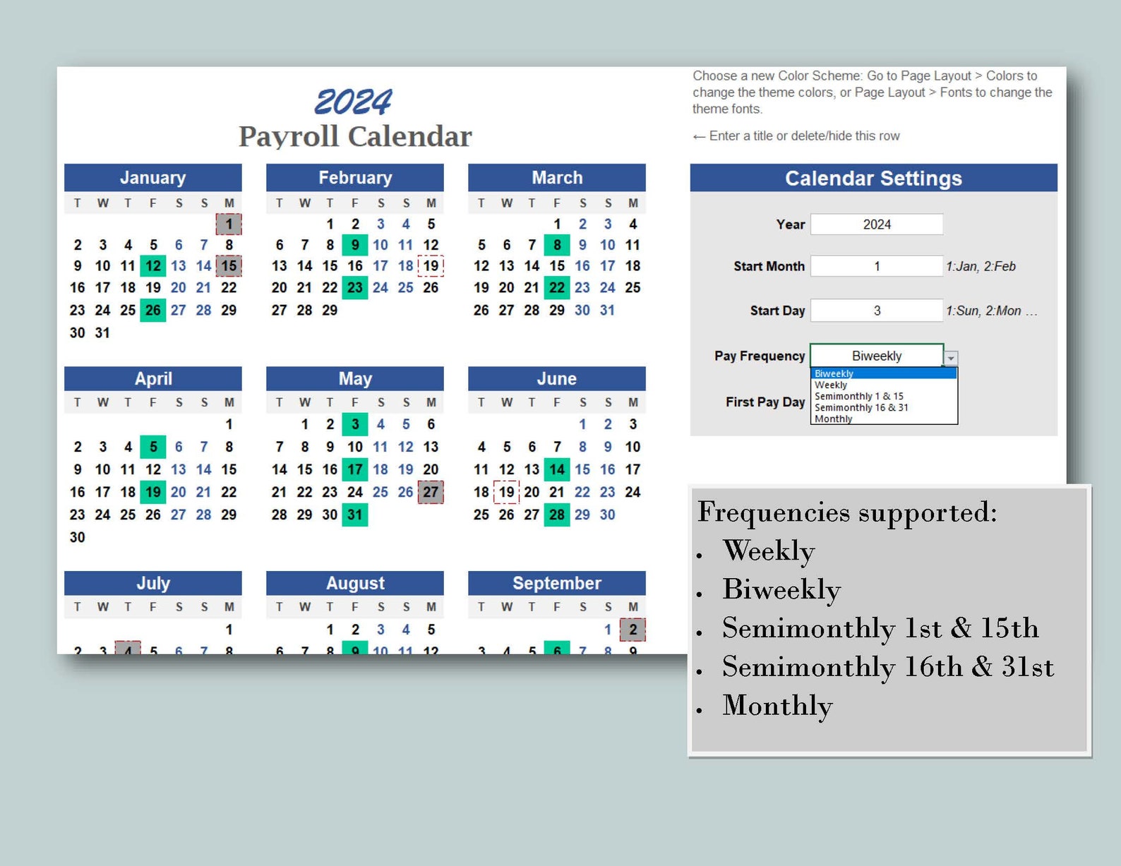 Annual Payroll Calendar Template-excel Download-printable - Etsy