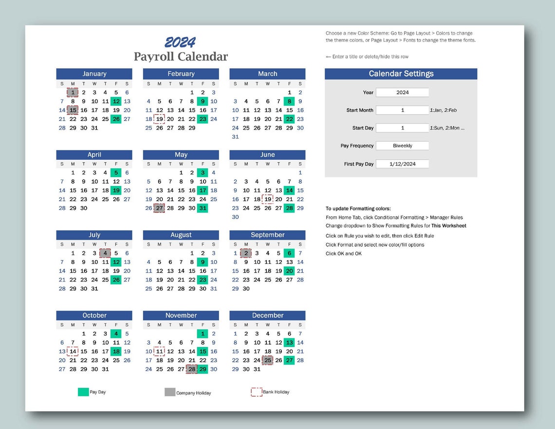 Annual Payroll Calendar Template-excel Download-printable - Etsy