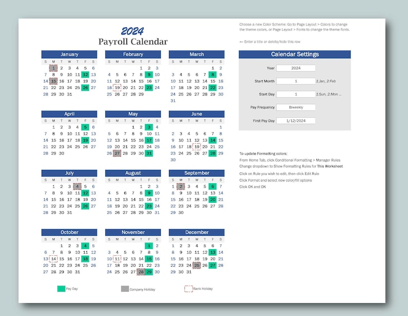 Annual Payroll Calendar Template-excel Download-printable - Etsy