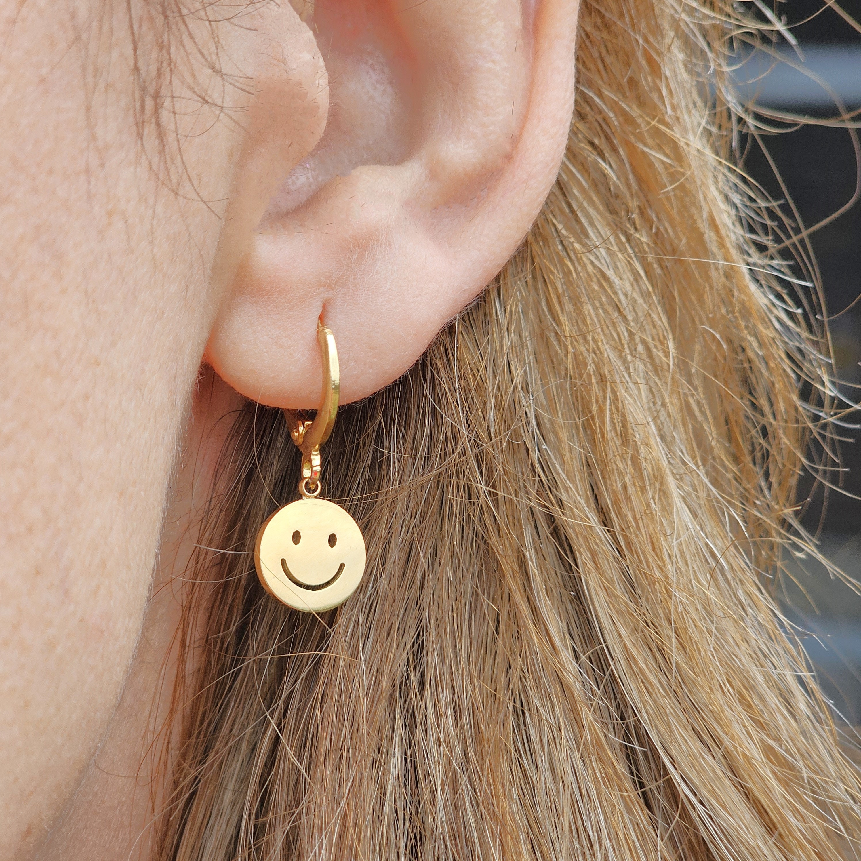 18K Gold Filled Smiley Face Necklace and Earrings Set, Stainless Steel ...