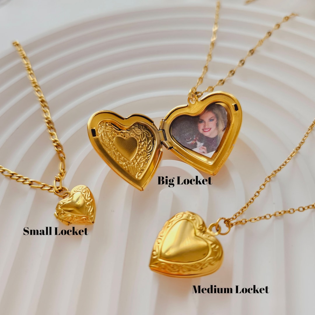 18k Gold Heart Locket Necklace, Big Heart Medium Heart Small Locket ...