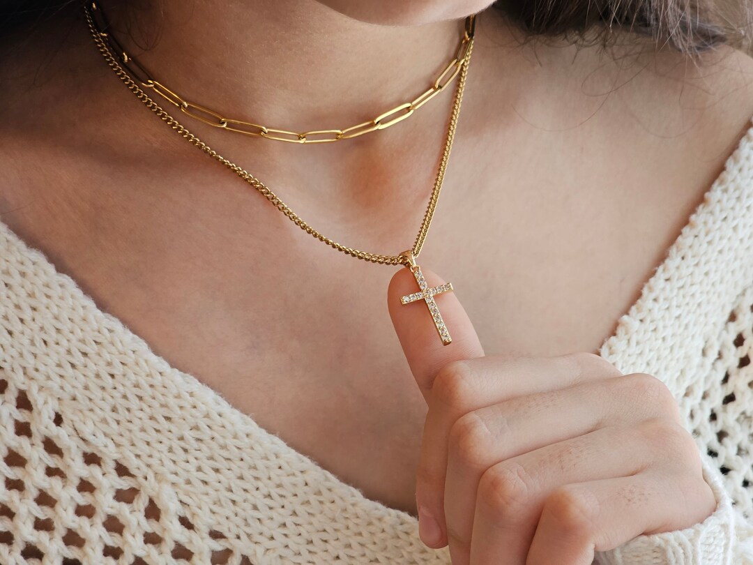 18K Gold Filled Cross Pendant Chain Necklace, Stainless Steel Gold ...