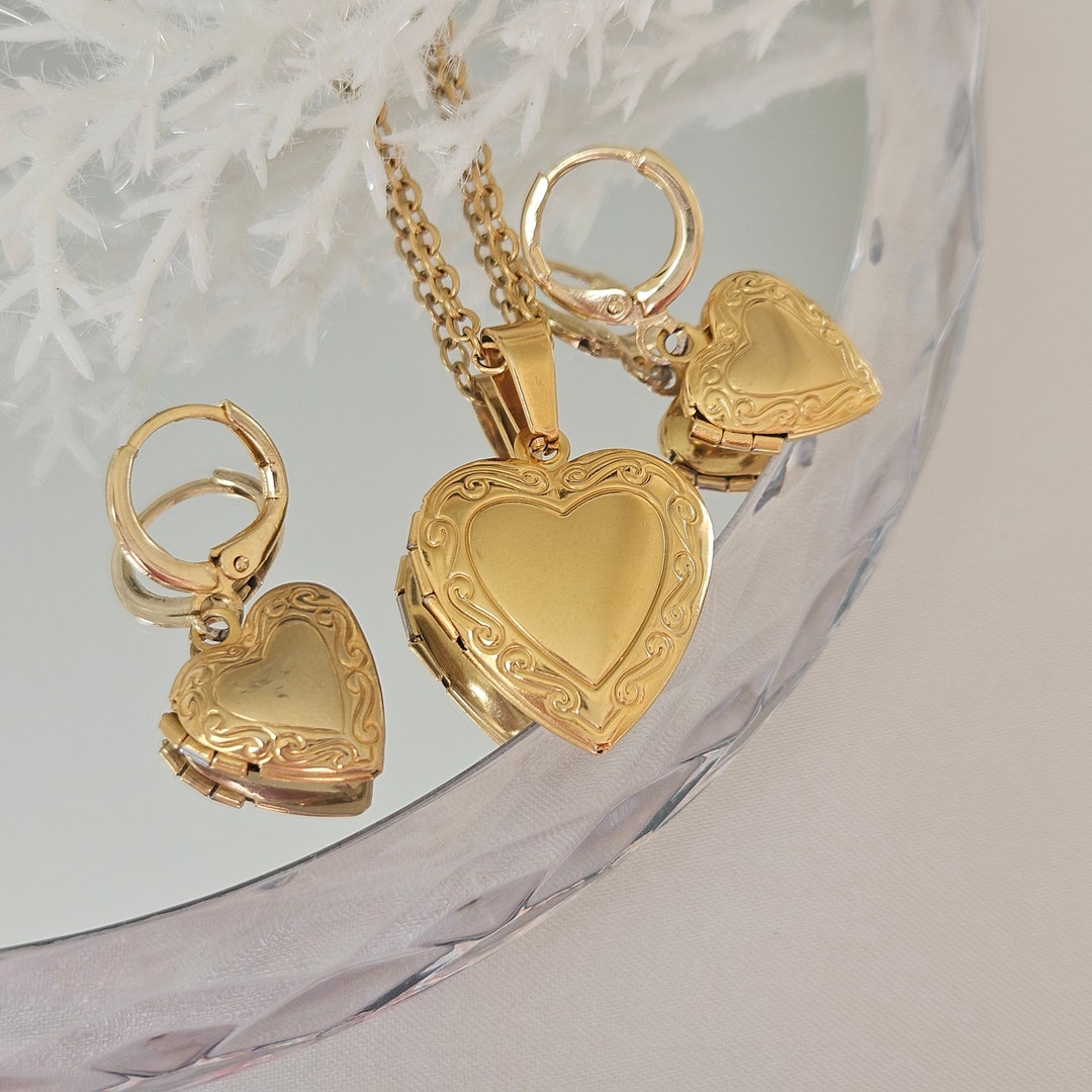 18K Gold Filled Heart Locket Necklace & Earrings Set - Etsy