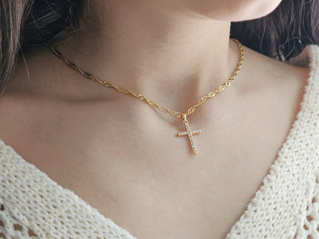 18K Gold Filled Cross Pendant Chain Necklace, Stainless Steel Gold ...