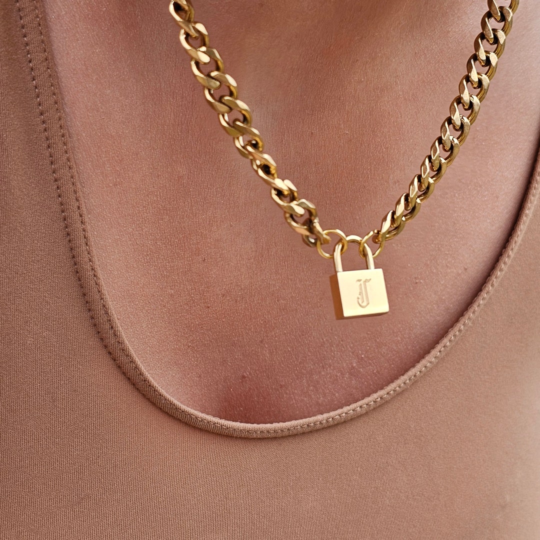 18K Gold Filled Personalized Letter Padlock Necklace, Stainless Steel Custom Initial Lock ...