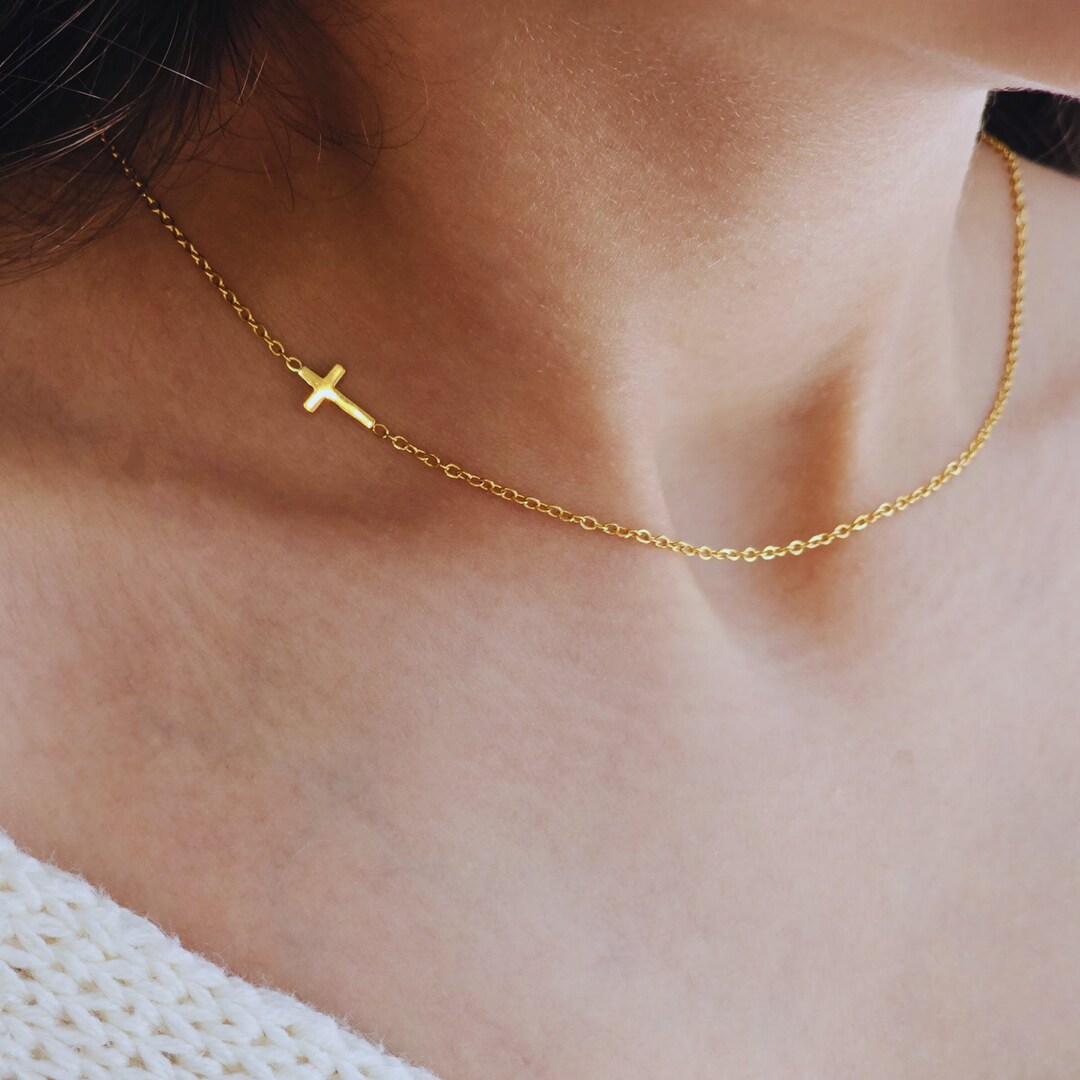 Cross Necklace, 18K Gold Filled Letter Necklace, Side Cross Initial ...