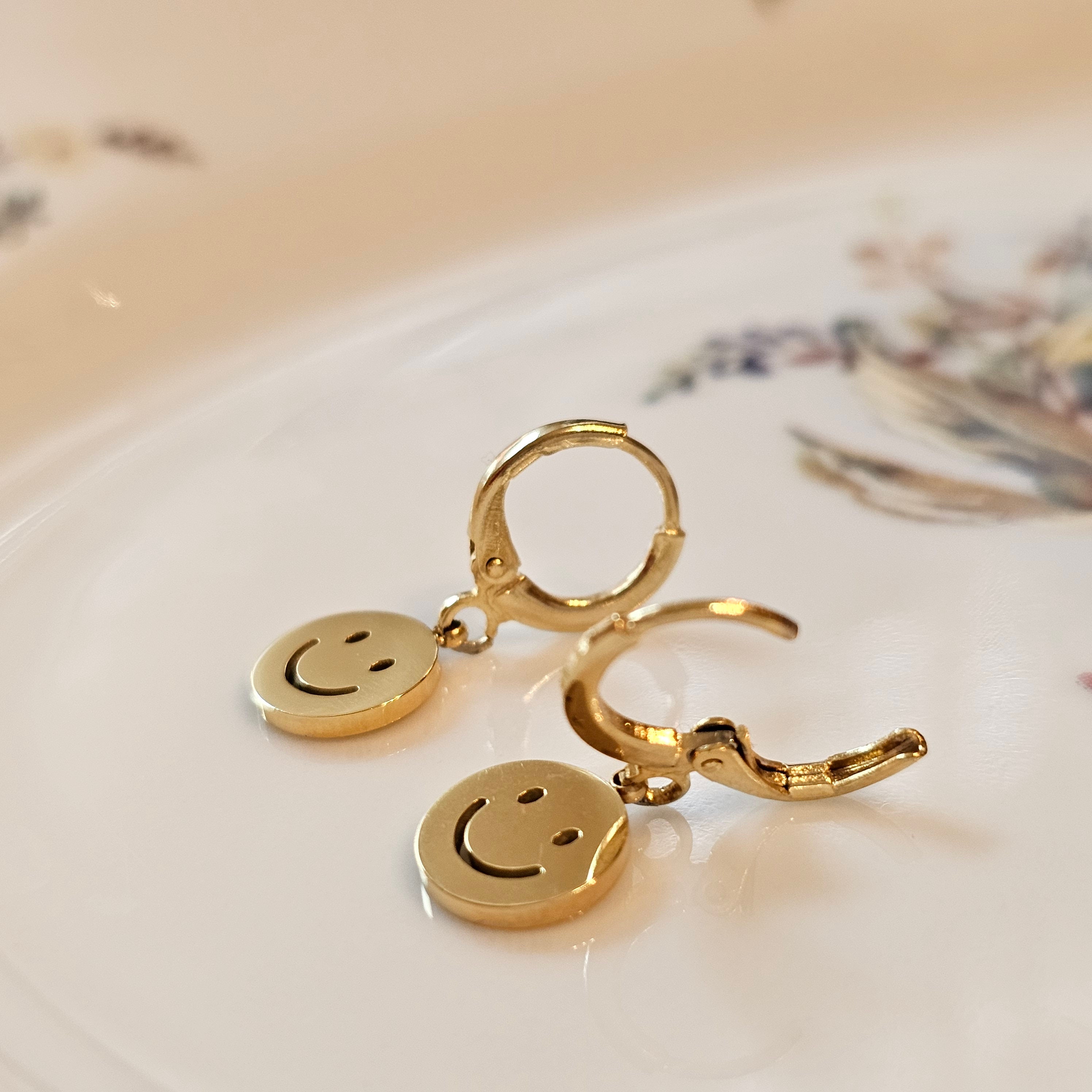 18K Gold Filled Smiley Face Necklace and Earrings Set, Stainless Steel ...