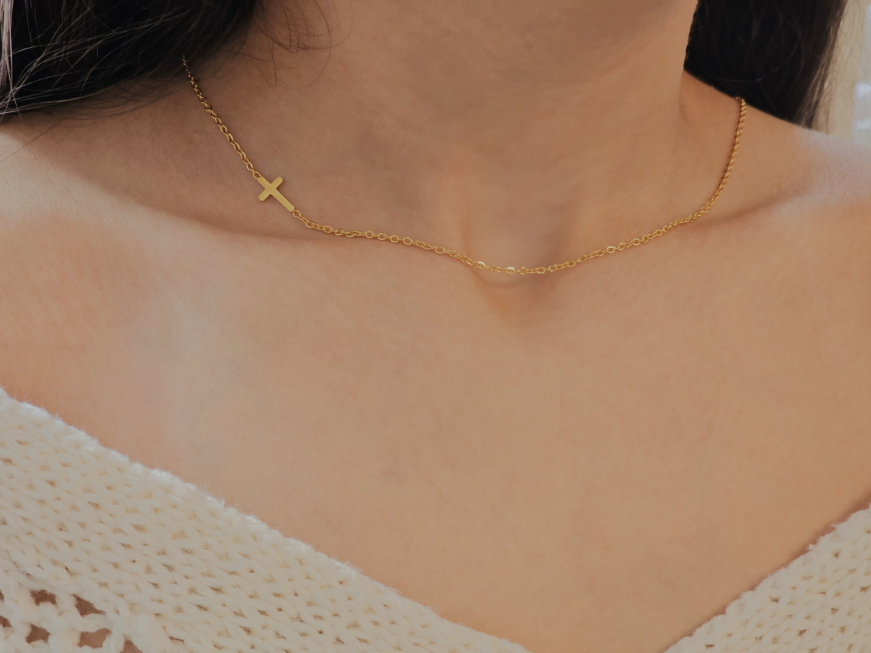 Cross Necklace, 18K Gold Filled Letter Necklace, Side Cross Initial ...