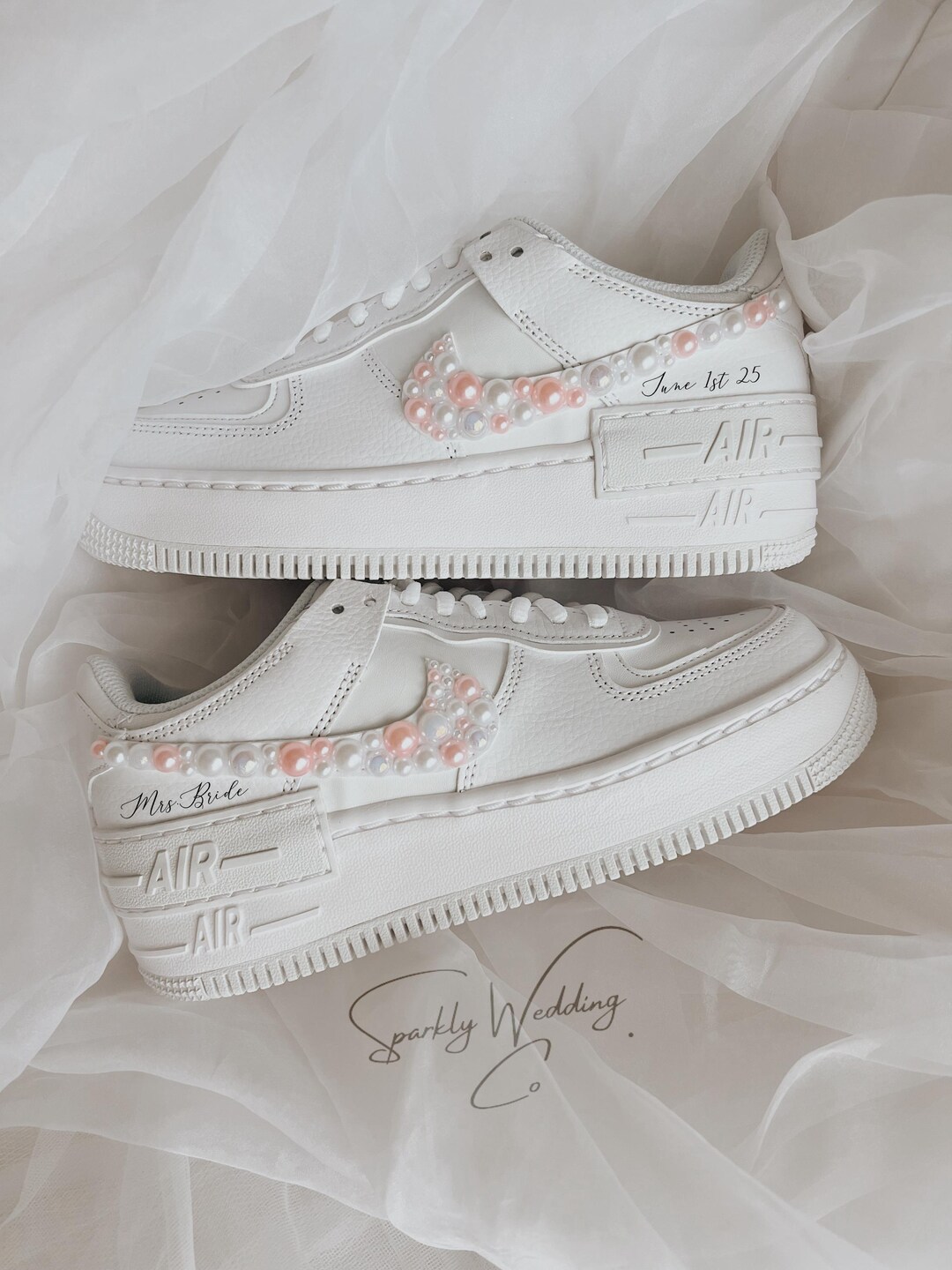 Custom Bridal Sneakers – Air Force Shadow Wedding Shoes With Pink and ...