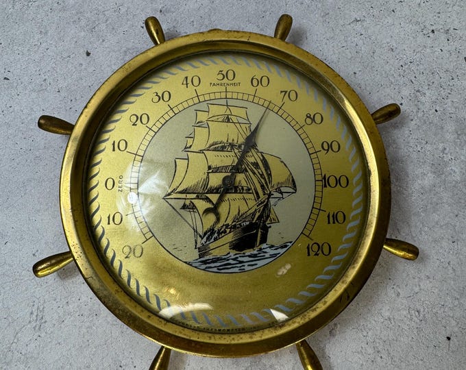 Vintage MCM Brass Ship Wheel Thermometer Fahrenheit Gauge Wall Hanging ...